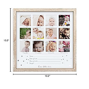 1Dino My First Year Baby Keepsake Picture Frame - 13.2"x 13.2" Rustic Wood Baby Frame Hold 12 Months Photo Inserts - Newborn Baby Registry, Shower Gift for Boys and Girls, Wall or Desk Nursery Decor