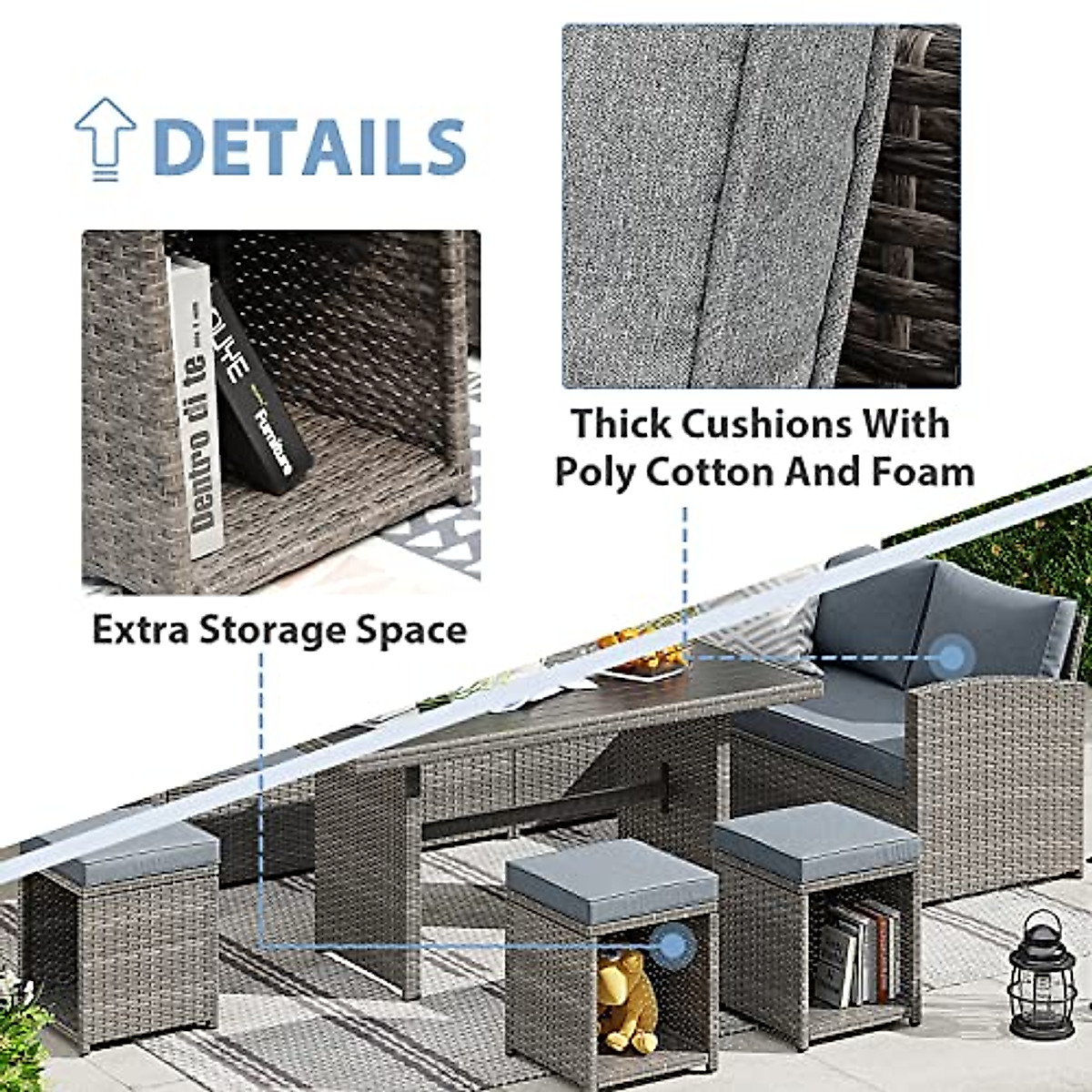 JOIVI Patio Furniture Set, 7 Piece Patio Dining Sofa Set, Outdoor Sectional Sofa Conversation Set All Weather Wicker Rattan Couch Dining Table & Chair with Ottoman, Gray