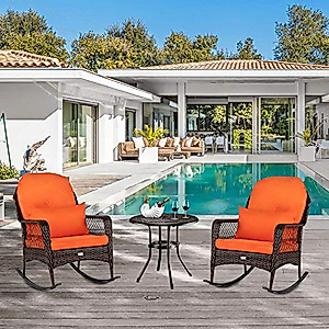 VINGLI Outdoor Wicker Rocking Chair with Cushions & Pillow, Rocker Chair Outdoor Porch Rocking Chair Wicker Chair, Rattan Rocking Chair for Garden, Porch, Backyard (1 Pack)