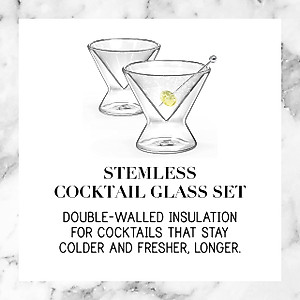Double-Walled Martini Glasses Set of 2 (6.5 oz) - Stemless Martini, Cocktail, Bar, Cosmopolitan Glasses - Insulated martini glass glassware sets for mixed drinks, men's birthday, fathers day gift