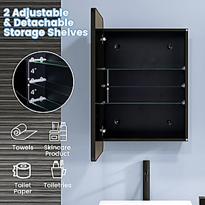 Giantex Medicine Cabinet Mirror, 20x30” Bathroom Cabinet with Beveled Mirror, Adjustable Shelves, Rounded Rectangle Frame, 2 Installation Method, Recessed Wall Cabinet, Wall Mount Cabinet, Matt Black