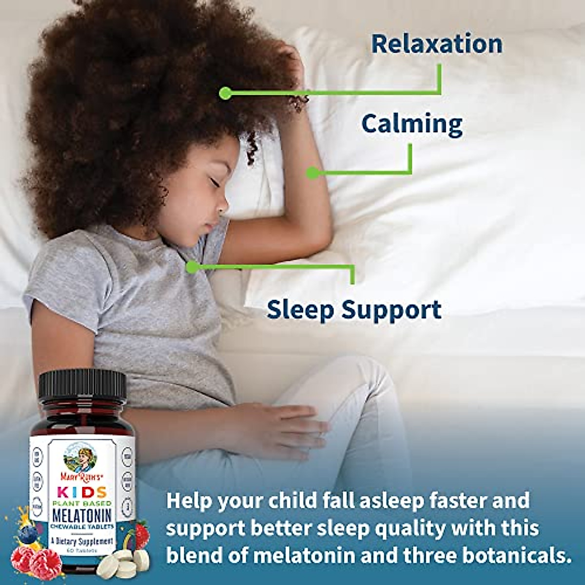 MaryRuth Organics Melatonin | 2 Month Supply | Kids Melatonin Chewable Tablets Ages 4+ | St Johns Wart | Valerian Root | Lemon Balm | Vegan | Non-GMO | Gluten Free | 60 Servings