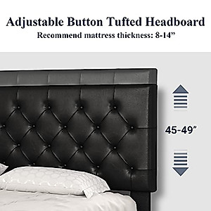 Allewie King Bed Frame with Adjustable Diamond Stitched Button Tufted Headboard/Faux Leather Upholstered Platform Bed with Easy-Assembly Wood slats, Black