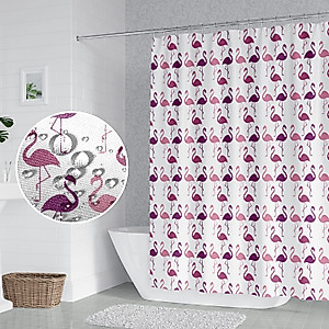 Umpoo Flamingo Checkered Bathroom Shower Curtain Tropical Pink Purple Flamingos Pattern Shower Curtain with Hooks Waterproof Fabric Polyester Shower Curtain for Girly Bath Decorative, 72x72 Inch