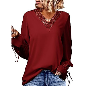 Dokotoo Fall Blouses for Women Long Sleeve Shirts Lace Trim V Neck Chiffon Solid Color Tunic Tops Loose Fit Stylish Burgundy Tops Casual Spring Summer Flowy Work Shirts Large
