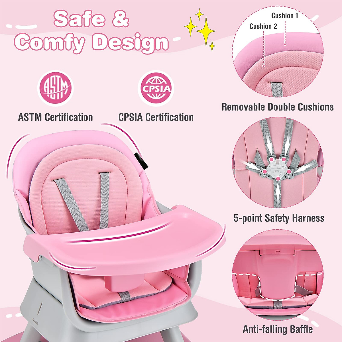 HONEY JOY 8 in 1 Baby High Chair, Convertible Highchair for Babies and Toddlers/Table and Chair Set/Building Block Table/Booster Seat/Stool/Toddler Chair with Safety Harness (Pink)