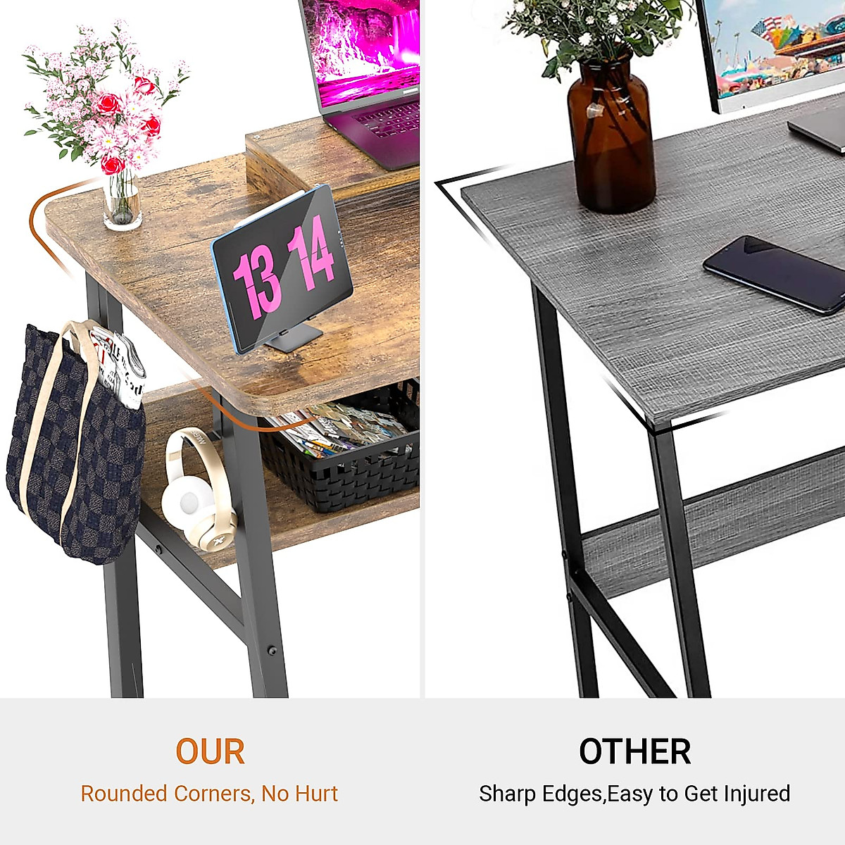 55 Inch Computer Desk, Desk with Monitor Stand, 55.2'' Office Laptop Table with Bookshelves, Study Writing Desk with Storage Bag and Hooks, Sturdy Desk for Home Office Workstation, Rustic