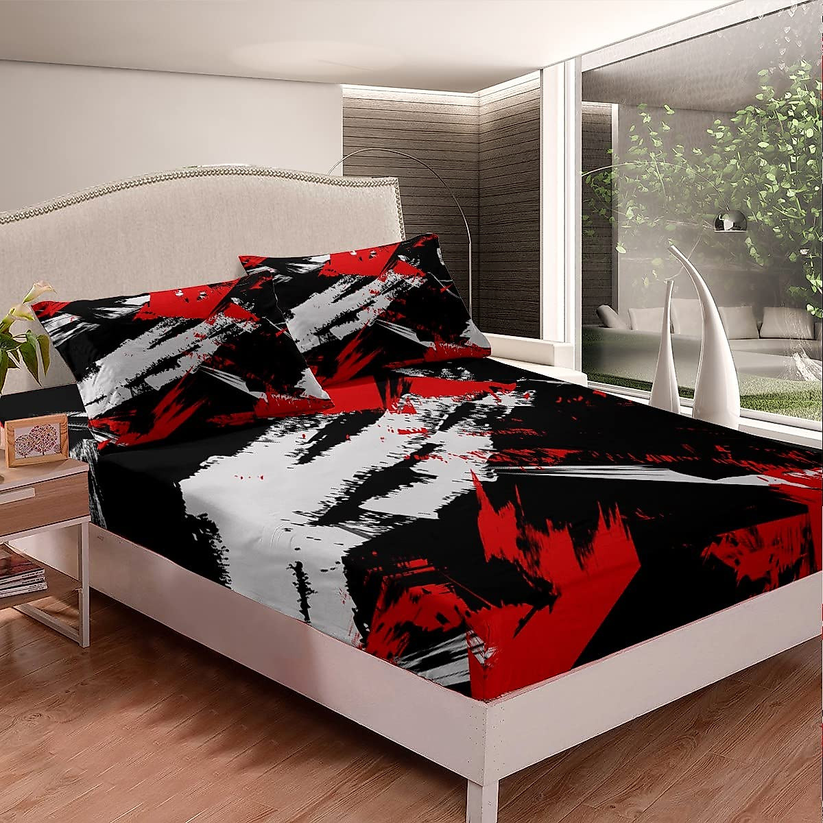 jejeloiu Geometric Abstract Bed Sheets Set Kids Geometry Strip Sheet Set Modern Sheets with Deep Pocket Fitted Sheet for Boys Room Decor Lightweight Retro Art Red Black Grey Bedding Set Full Size