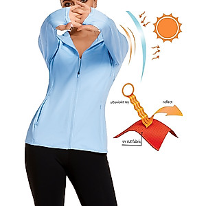 COOrun Women's UPF 50+ Sun Protection Hoodie Jacket Lightweight Full Zip Running Jacket Athletic Jacket with Thumb Holes Deep Sky Blue XL