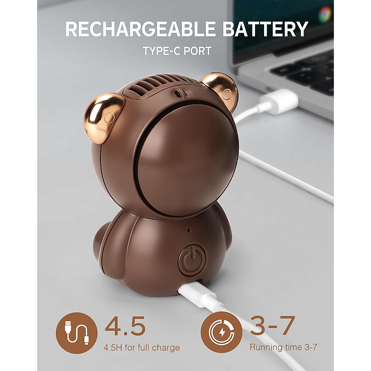 wegte Bear Fan, Portable Neck Fan, Cute Handheld Fan, Rechargeable Battery Powered Fan, 2 Speed Wind, Bladeless Design, Exquisite Appearance, Gift for Kids Girls Women, Brown