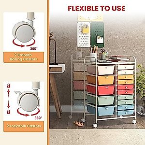 15 Drawer Rolling Storage Cart, Mobile Utility Cart with Lockable Wheels, Drawers, Multipurpose Organizer Cart for Home, Office, School, Mixed Color