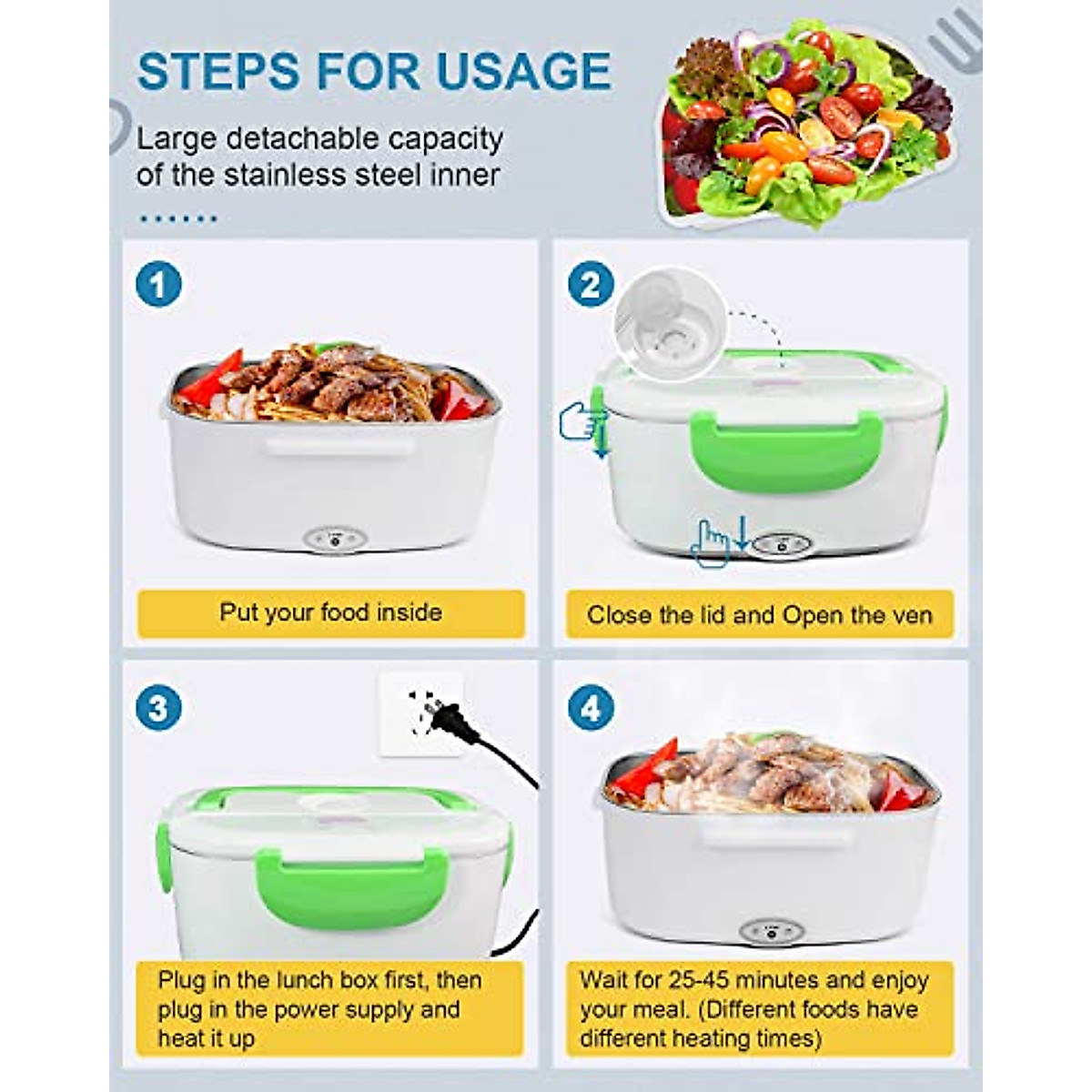 AUTOPkio Electric Lunch Box for Car and Home, 12V 24V 110V Lunchbox Food Heater with 1.5L Removable Stainless Steel Container for Work Office Truck Driver (Green)