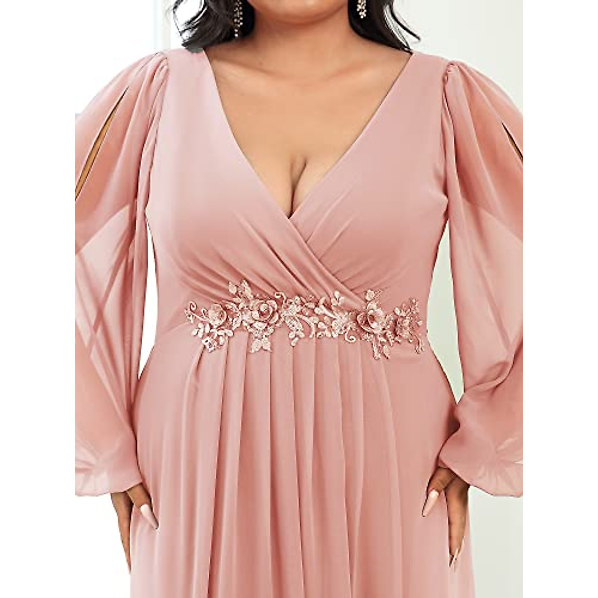 Ever-Pretty Plus Women's Maxi Deep V Neck Long Sleeves Formal Evening Dress Plus Size Pink US14