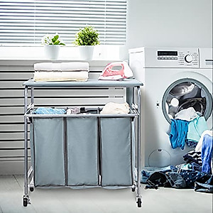 ALIMORDEN Laundry Sorter with Ironing Board Rolling Laundry Basket with Side pull 3-Bag Heavy-Duty Laundry Room Organizer Clothes Hamper with 4 Wheels and lid Blue Grey