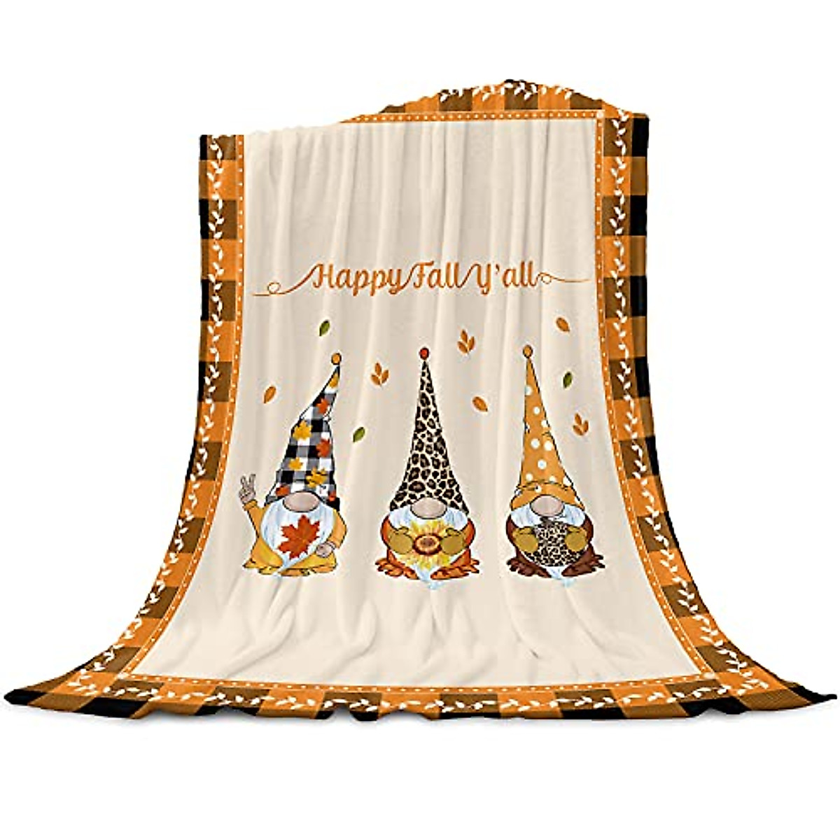 Flannel Fleece Throw Microfiber Blanket Super Soft Cozy Blanket Thanksgiving Happy Fall Y'all Gnome with Pumpkins Lightweight Fuzzy Bedding Fleece Blanket for Couch Sofa Bed-39" x 49"