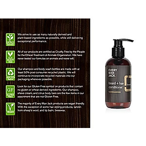 Every Man Jack Beard + Hair Conditioner - Sandalwood | 6.7-ounce - 1 Bottle | Naturally Derived, Parabens-free, Pthalate-free, Dye-free, and Certified Cruelty Free