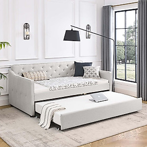 Antetek Daybed with Trundle, Fabric Upholstered Twin Size Day Bed Pull-Point Sofa Daybed Frame w/Twin Roll-Out Trundle, No Box Spring Needed, Furniture for Bedroom, Living Room, Guest Room, Beige