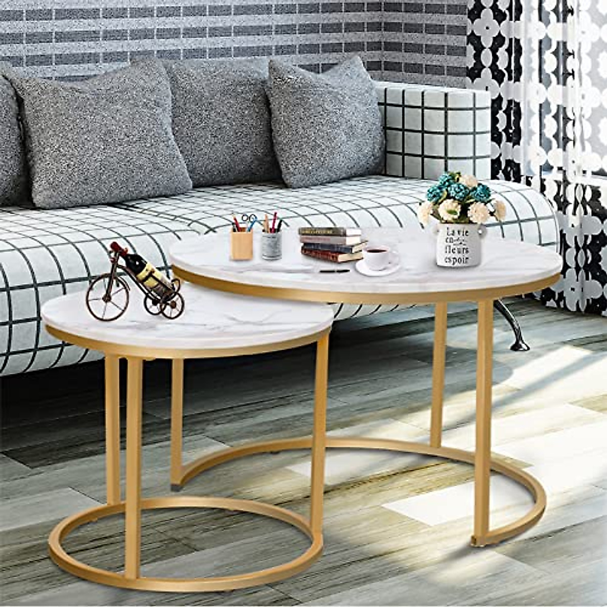Garden 4 you White Marble Nesting Coffee Table for Small Place 2 Sets Modern Furniture Living Room Sets End Side Table Night Stand for Bed Room Dining Room