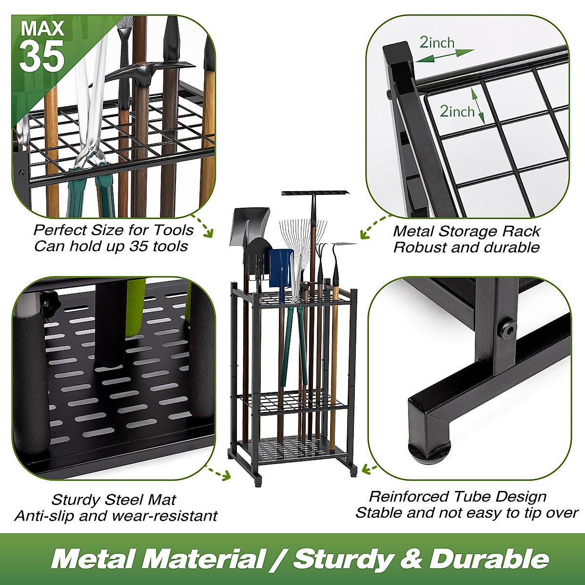 Sttoraboks Garden Tool Organizer, Yard Tool Tower Rack for Garage Organization and Storage, Up to 35 Long-Handled Tools/Rakes/Brooms, Heavy Duty Steel Garden Tool Stand for Shed, Outdoor, Black