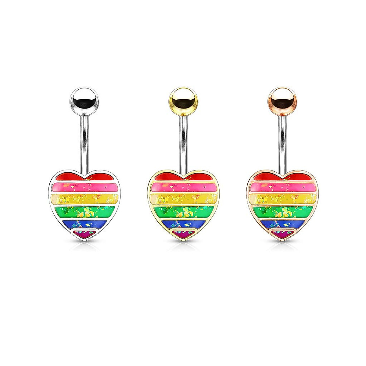 Pierced Owl Rainbow Gay Pride Synthetic Opal Glitter Heart Belly Button Navel Ring (Rose Gold Tone)