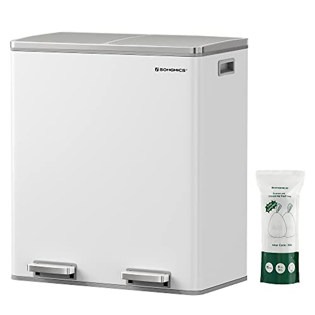SONGMICS Trash Can, 2 x 8-Gallon Garbage Can for Kitchen, with 15 Trash Bags, 2 Compartments, Plastic Inner Buckets and Hinged Lids, Airtight, White and Gray ULTB60WT