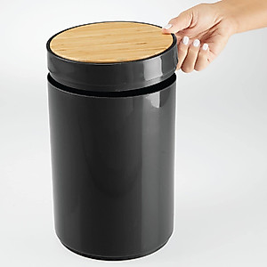 mDesign Plastic Round Trash Can Small Wastebasket - Garbage Bin Container with Swing-Close Lid - Bathroom Garbage Basket - Holds Waste, Recycling - 1.3 Gallon - Basa Collection - Black/Natural