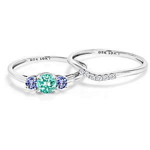 Gem Stone King 10K White Gold Blue Apatite and Blue Tanzanite and White Lab Grown Diamond 3-Stone Bridal Engagement Wedding Ring Set For Women (0.81 Cttw, Gemstone, Round 5MM, Size 5)
