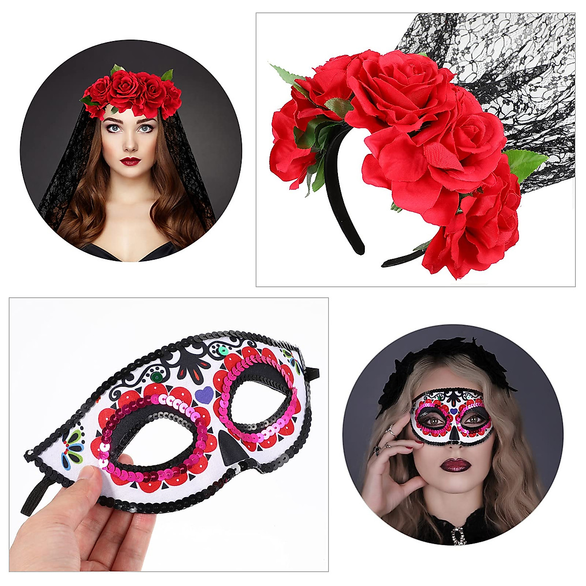 FRCOLOR Day Of The Dead Costumes For Women Day Of The Dead Headpiece Day Of The Dead Mask Black Veil Headband Flower Crown Halloween Costumes For Party Cosplay