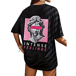 SweatyRocks Women's Short Sleeve Drop Shoulder Round Neck Tee Graphic Print Oversized Loose Fit T-Shirt Tops Black Pink M