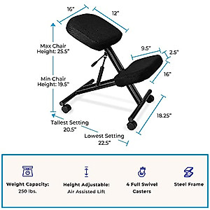 ProErgo Pneumatic Ergonomic Kneeling Chair | Fully Adjustable Mobile Office Seating | Improve Posture to Relieve Neck & Back Pain | Easy Assembly | Use in Home, Office & Classroom