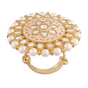 I Jewels Gold Plated Indian Wedding Bollywood Peach Enamel/Meena Work Moti Ring Glided with Uncut Polki Kundans for Women/ (FL166Pe)