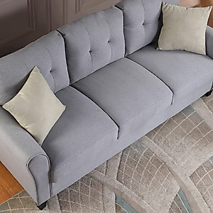 P PURLOVE 3-Seat Sofa for Living Room, Modern Sofa with Comfortable Padded Backrest, Linen Upholstered Couch Furniture for Bedroom, Office, Small Space, Easy Assembly, Light Grey Blue