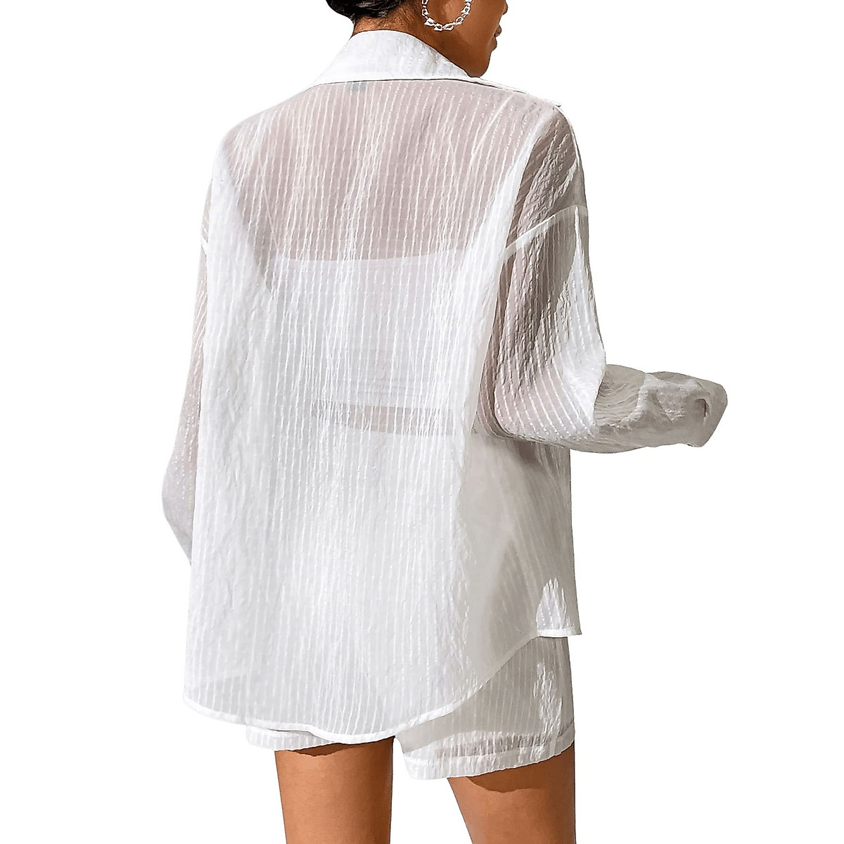 Verdusa Women's 2 Piece Outfit Sheer See Through Long Sleeve Button Up Shirt Blouse Top and High Waist Short Sets White S