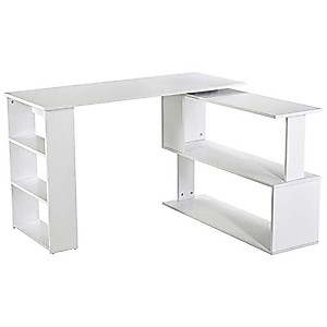 HOMCOM 360 Degree Rotating Home Office Desk L Shaped Corner Computer Desk with Storage Shelves, Writing Table Workstation, White