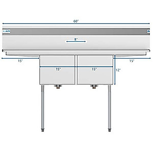 KoolMore 2 Compartment Stainless Steel NSF Commercial Kitchen Prep & Utility Sink with 2 Drainboards - Bowl Size 15" x 15" x 12", Silver,SB151512-15B3