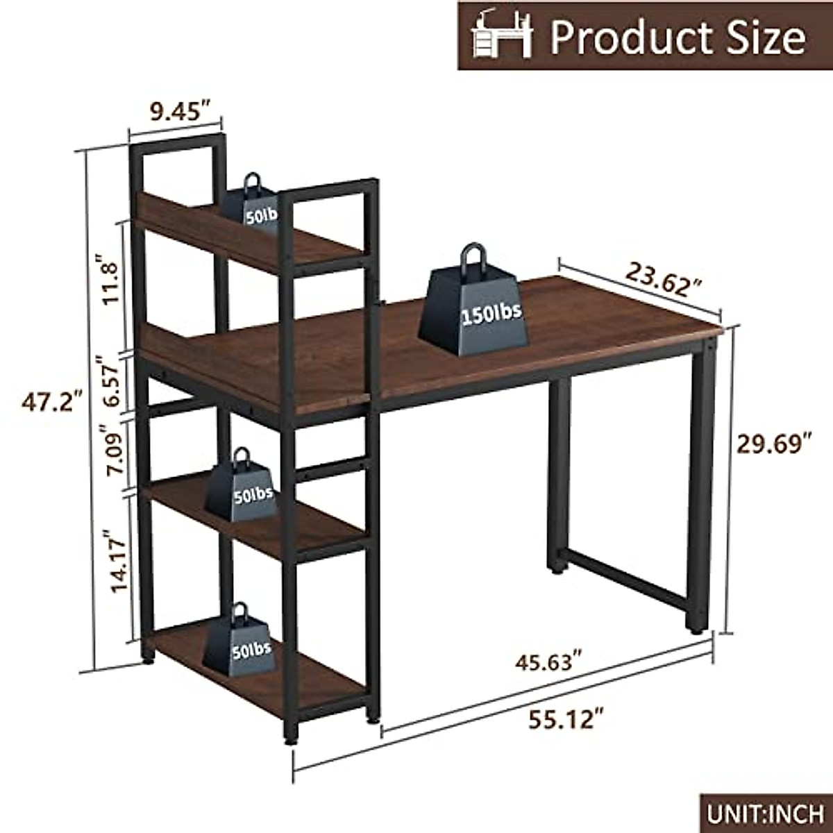 Napnapday 55 inch Computer Desk with Shelves, Desk with Storage Bookshelf Writing Table for Gaming Home Office Bedroom, Mahogany