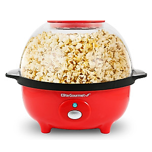 Elite Gourmet EPM330R Automatic Stirring 3Qt. Popcorn Maker Popper, Hot Oil Popcorn Machine with Measuring Cap & Built-in Reversible Serving Bowl, Great for Home Party Kids, Safety ETL Approved, Red