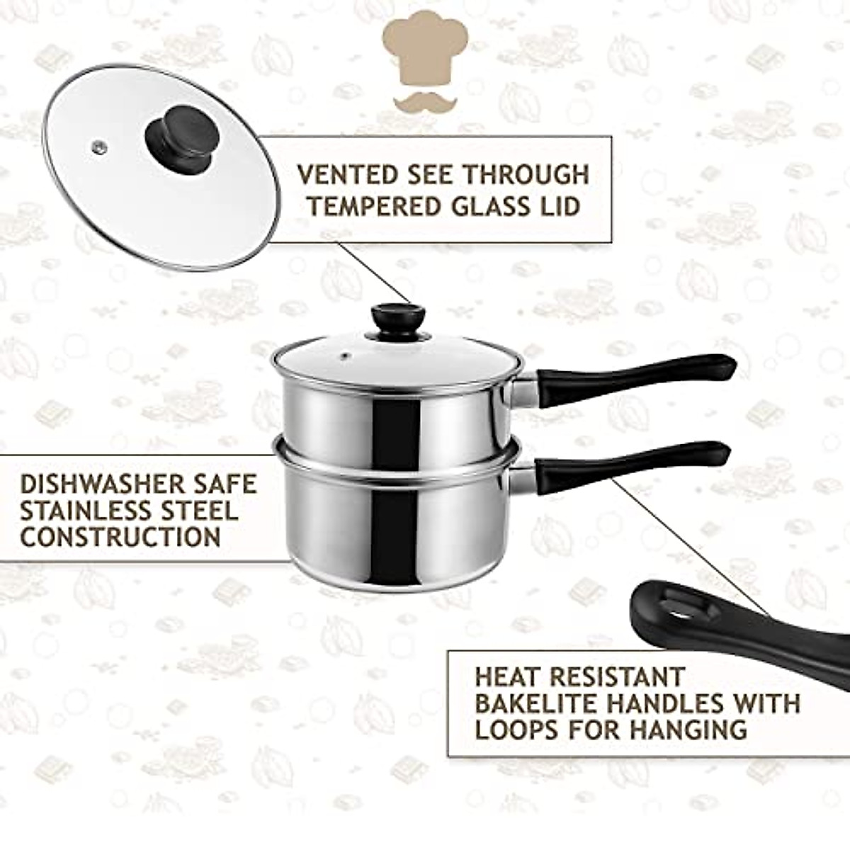La Patisserie 1.5 Quart Double Boiler w/ 4 Chocolate Molds - 3 Piece Stainless Steel Double Boiler Pot for Melting Chocolate, Candle Making, Soap Melting and Wax Melting…