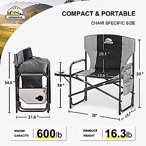 Colegence Oversized Director Camping Chair,600 LBS Heavy Duty Folding Chair,24"Cozy Outdoor Chair,With Cup Holder and Adjustable Table Folding Chair for Outside Beach,Lawn,Fishing,Camping,Patio,Makeup