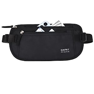 DAITET Money Belt - Passport Holder Secure Hidden Travel Wallet with RFID Blocking, Undercover Fanny Pack (Black)