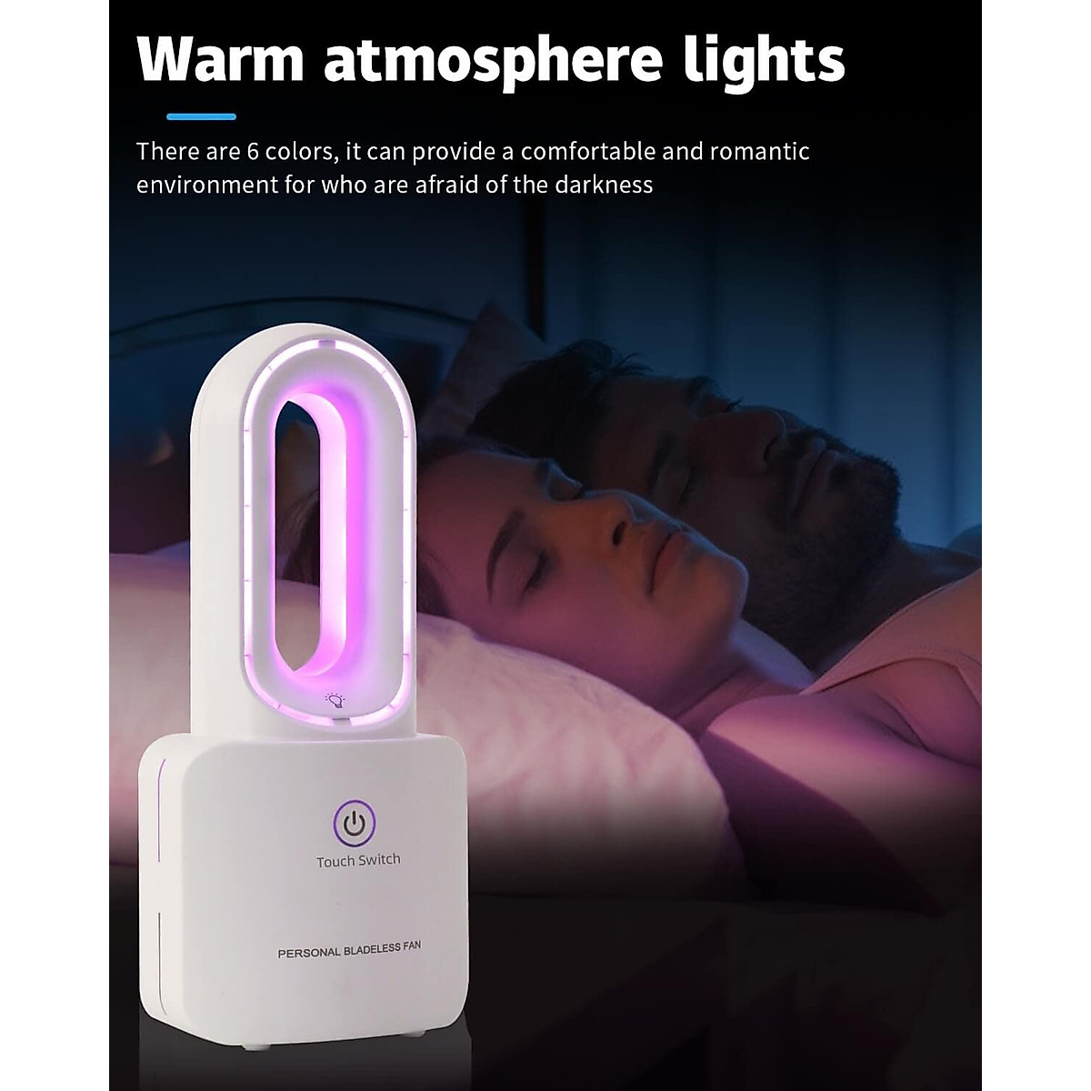 Desk Fan Small Bladeless Personal Fan Quiet Mini Table Fan 12'' Touch Control 4000mAh Rechargeable Portable Fan with 6-Colors LED Ambient Light for Office Home Bedroom Nightstand White