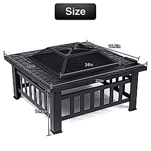 Fire Pit Wood Burning Firepit Metal Square Outdoor Fire Pit Steel BBQ Grill Fire Pit Bowl with Spark Screen Cover, Poker Log Grate for Patio Bonfire Camping Backyard Garden Picnic black 32 inch