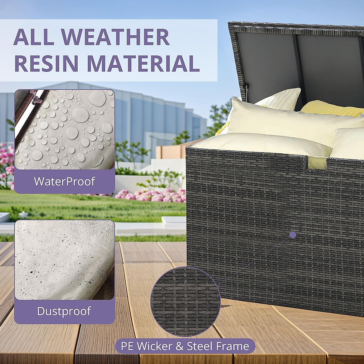 IULULU 120 Gallon Waterproof Wicker Deck Box with Aluminum Frame and Hinged Lid, All-Weather Outdoor Storage Container for Patio Furniture Cushions, Garden Tools and Pool Toys, Grey