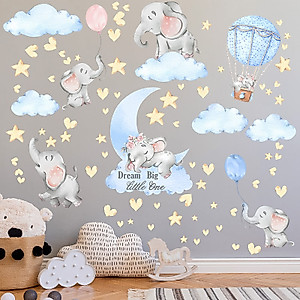 4 Sheets Elephant Wall Decals Dream Big Little One Moon Colorful Balloon Stars Wall Stickers for Nursery Kids Room Living Room Bedroom Decorations Home Decor (Attractive Style)