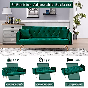 KINFFICT Velvet Futon Sofa Bed with 2 Pillows, Convertible Sleeper Sofa Couch with 3 Angle Adjustable Backrest, Modern Loveseat with 4 Golden Metal Legs for Living Room and Bedroom (Green)