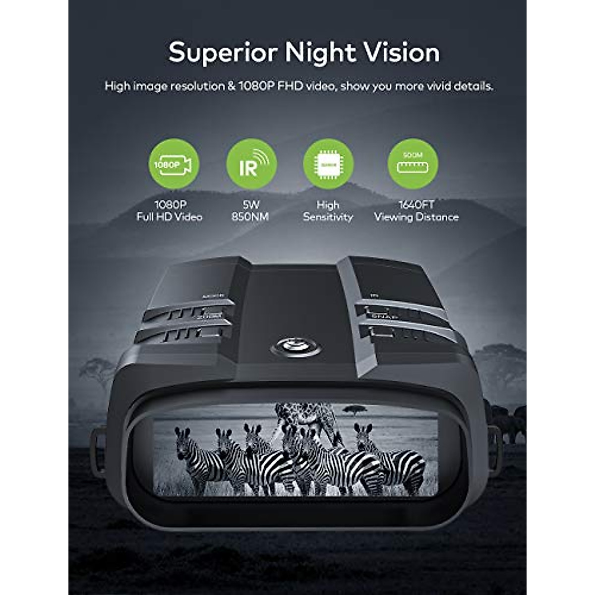 VABSCE Digital Night Vision Binoculars, 1080p FHD, 1640ft Viewing Range, Superior 5W Infrared, High Sensitivity COMS Sensor Night Goggles for Hunting, Camping and Surveillance with 64GB Micro SD Card