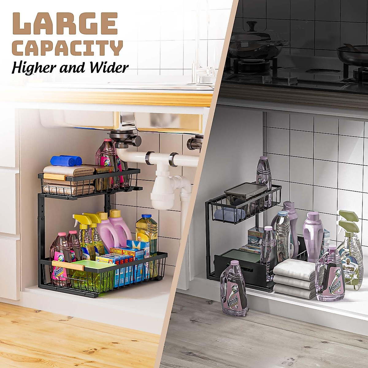Dihmpor Under Sink Organizer and Storage, Slide Out Under Cabinet Storage Pull Out Sink Shelf Cabinet Storage Shelves, Undersink Organizers for Kitchen Bathroom Cabinet