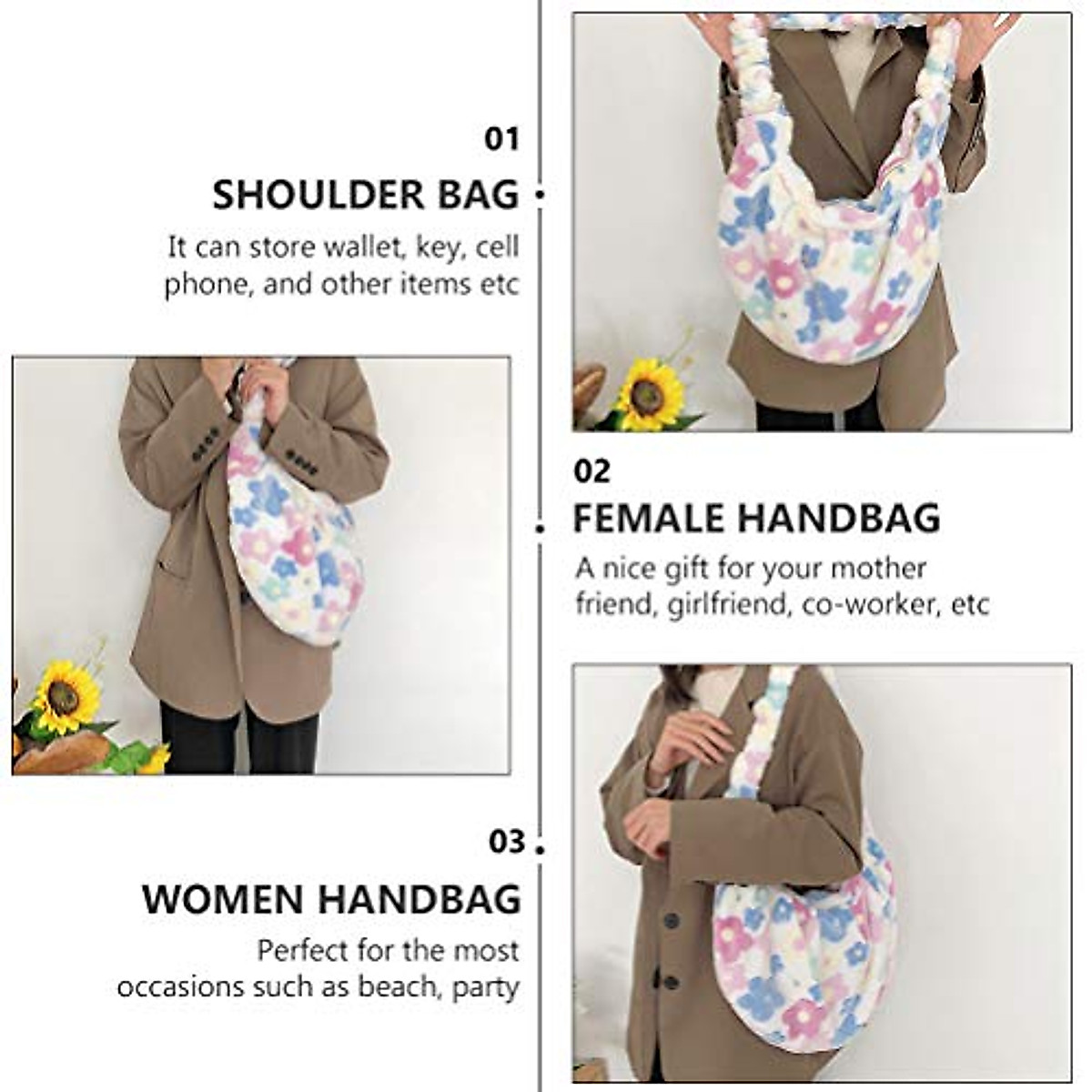 VALICLUD Hobo Bag Large Capacity Furry Handbag Shoulder Tote Bag Fluffy Purse Floral Flower Purse for Women