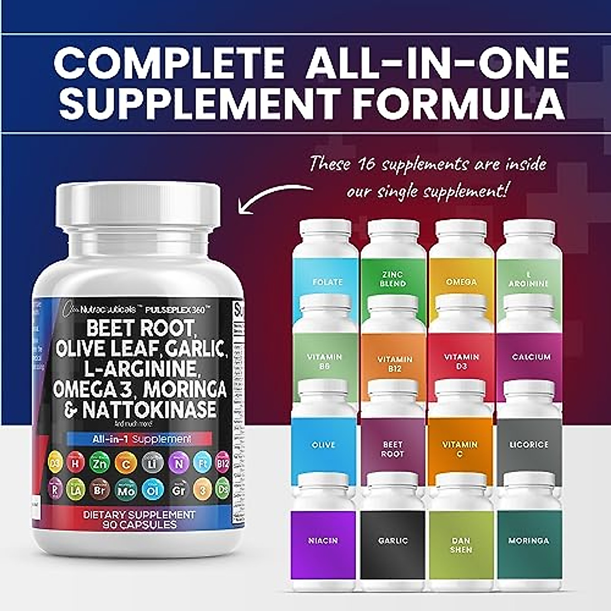 Beet Root Capsules 6000mg Olive Leaf 6000mg Nattokinase 4000 FU Garlic Extract 2000mg L-Arginine 400mg Omega 3 Red Yeast Rice Hibiscus Danshen - Healthy Support Supplement - 90 Ct