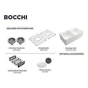 BOCCHI Classico Farmhouse Apron Front Fireclay 33 in. Double Bowl Kitchen Sink with Protective Bottom Grid and Strainer in White